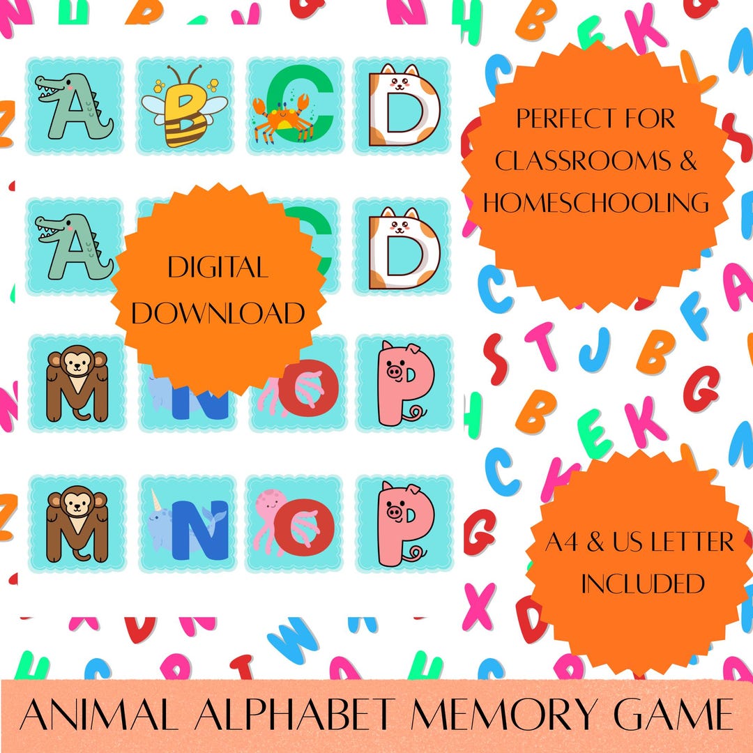 Animal Alphabet Memory Game Printable| Kids Matching Game| Home School ...