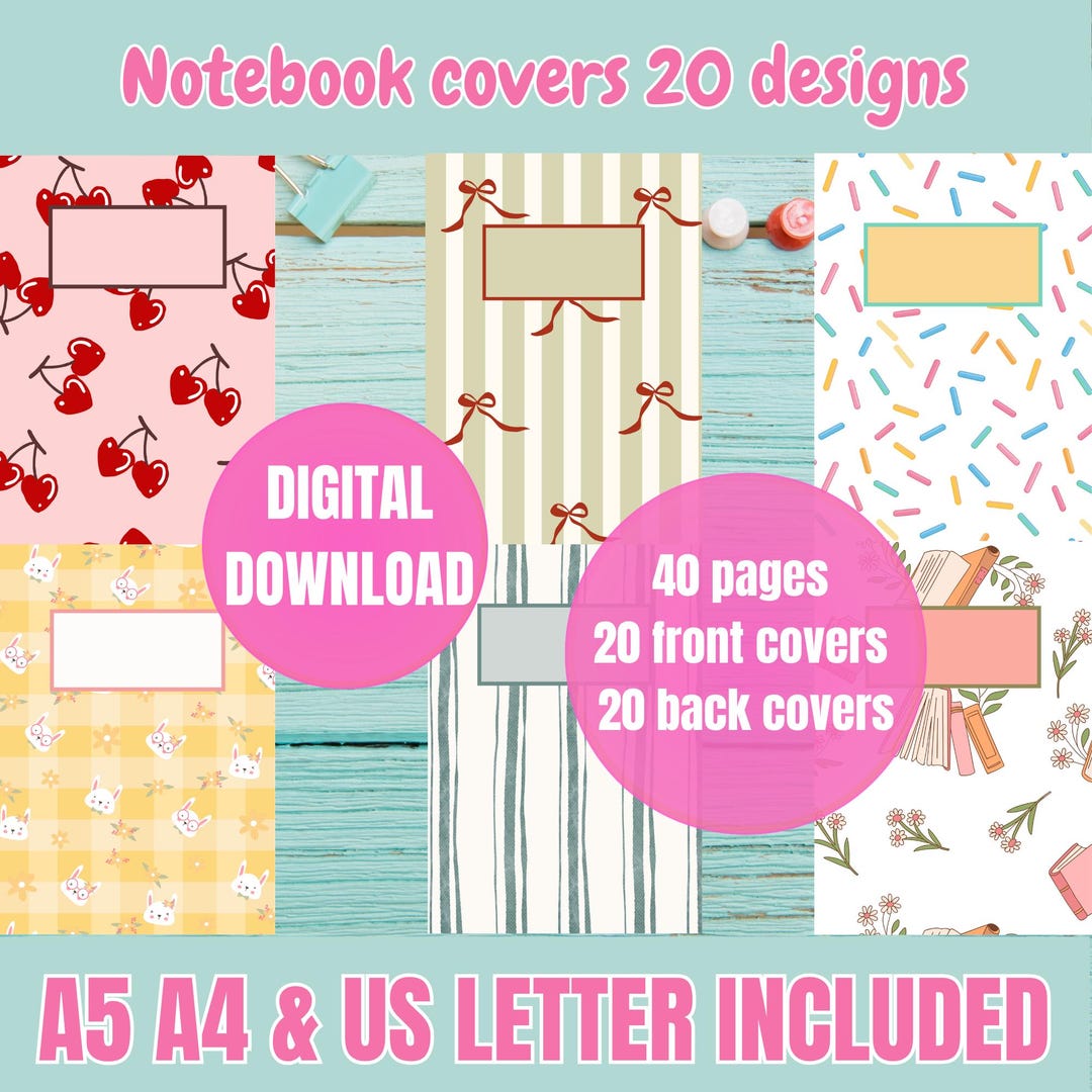 Printable Notebook Covers Bundle| 20 Cute Notebook Covers| Back Covers ...