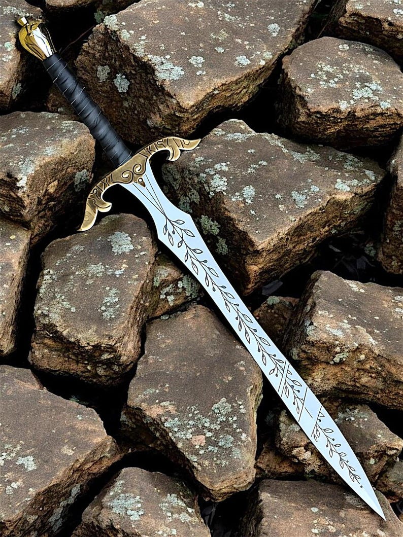 Hand Forged Elven Sword | Vine Engraved Blade, Brass Guard, Leather ...