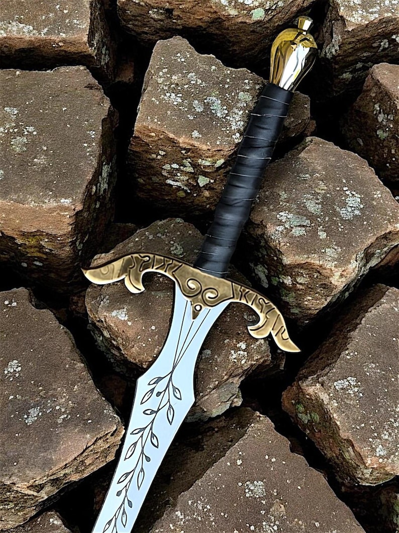 Hand Forged Elven Sword | Vine Engraved Blade, Brass Guard, Leather ...