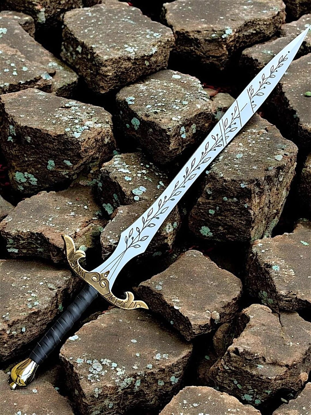 Hand Forged Elven Sword | Vine Engraved Blade, Brass Guard, Leather ...
