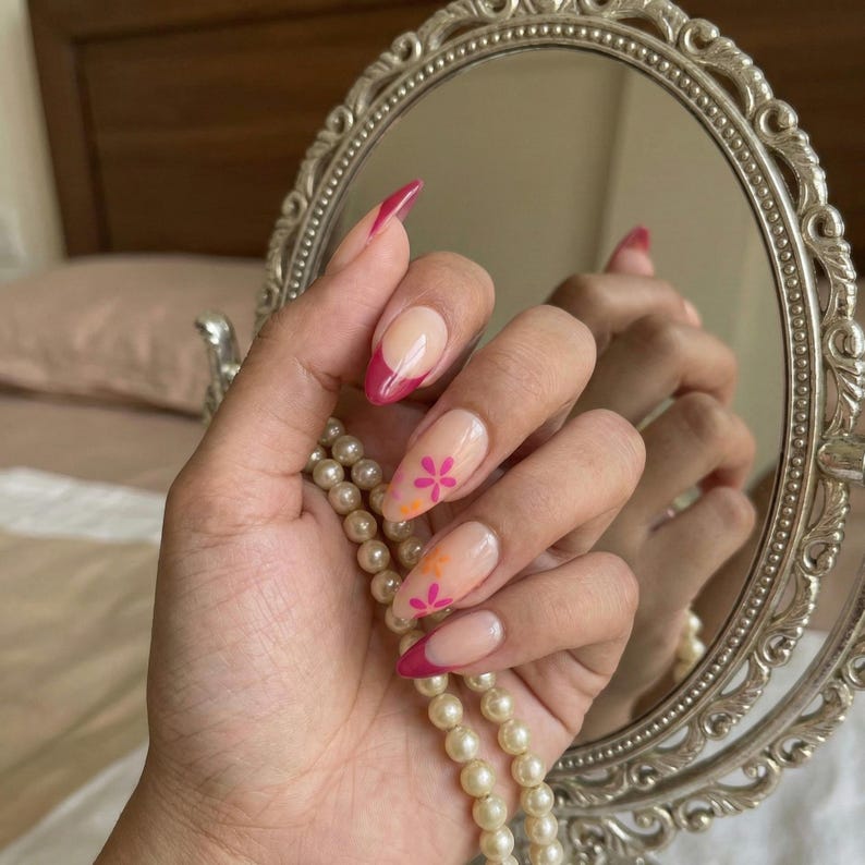 Handmade Magenta French Tip Press on Nails | Floral Almond Manicure - Etsy
