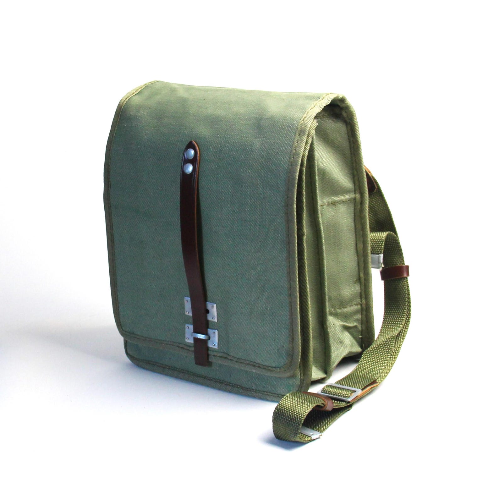 Vintage Canvas Military Bag With Leather Elements, Messenger Army Green ...