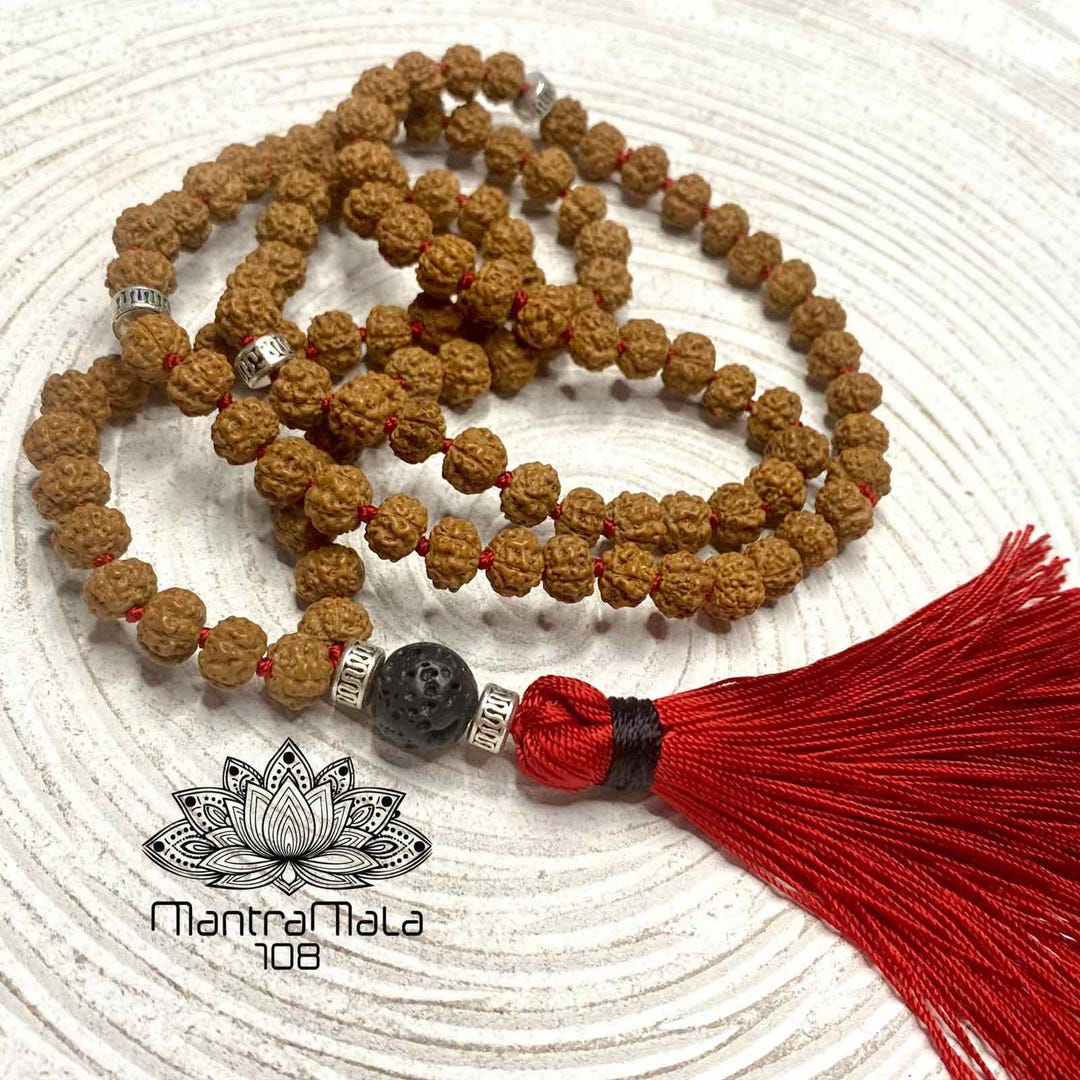108 Bead Mala, Rudraksha Mala, Guru Bead Lava, Red Tassel, Meditation ...