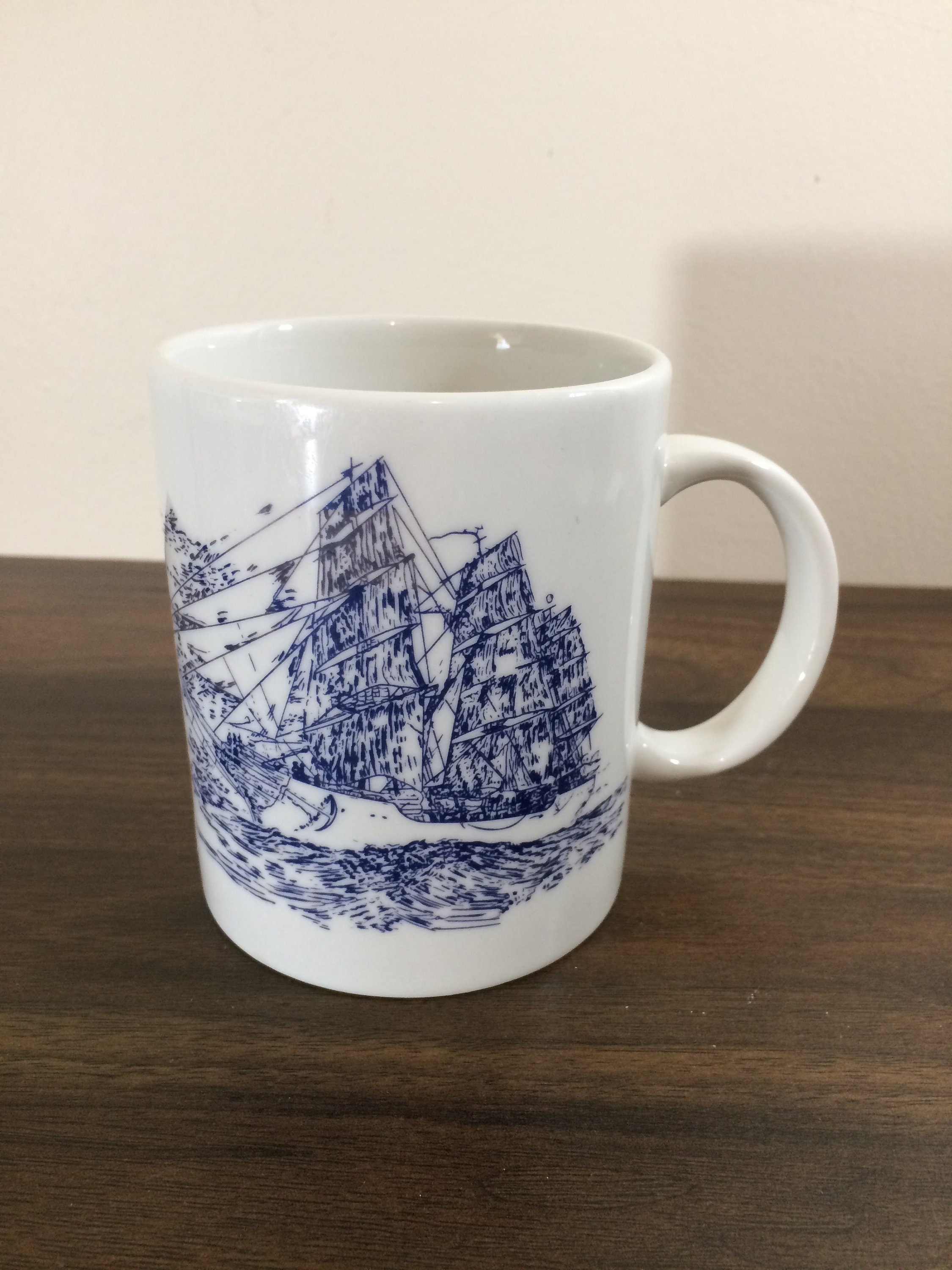 Sea Schooner Coffee Mug, Seafaring Boat Ceramic Mug, Blue Nautical ...
