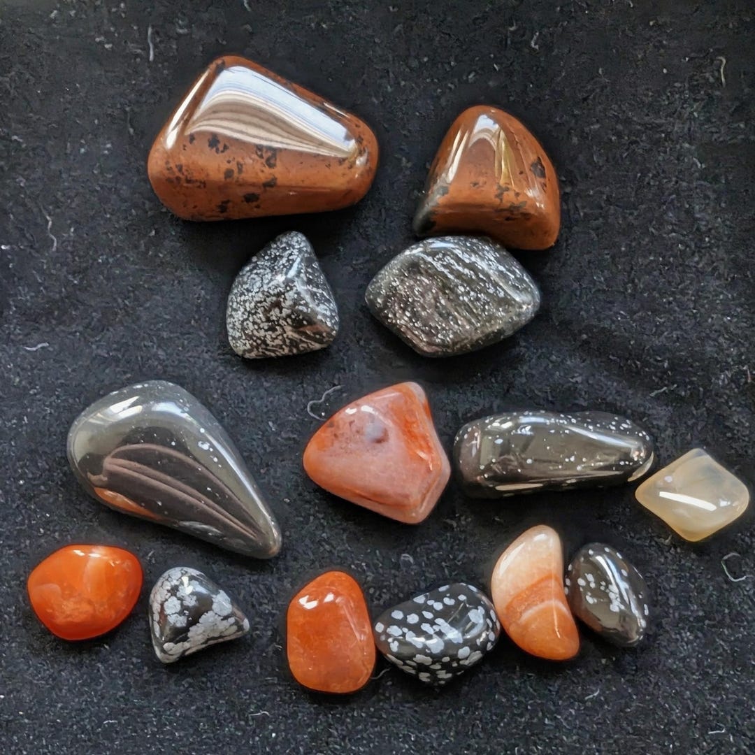 Polished Obsidian Stone Set: Rainbow, Snowflake, Mahogany & Carnelian ...