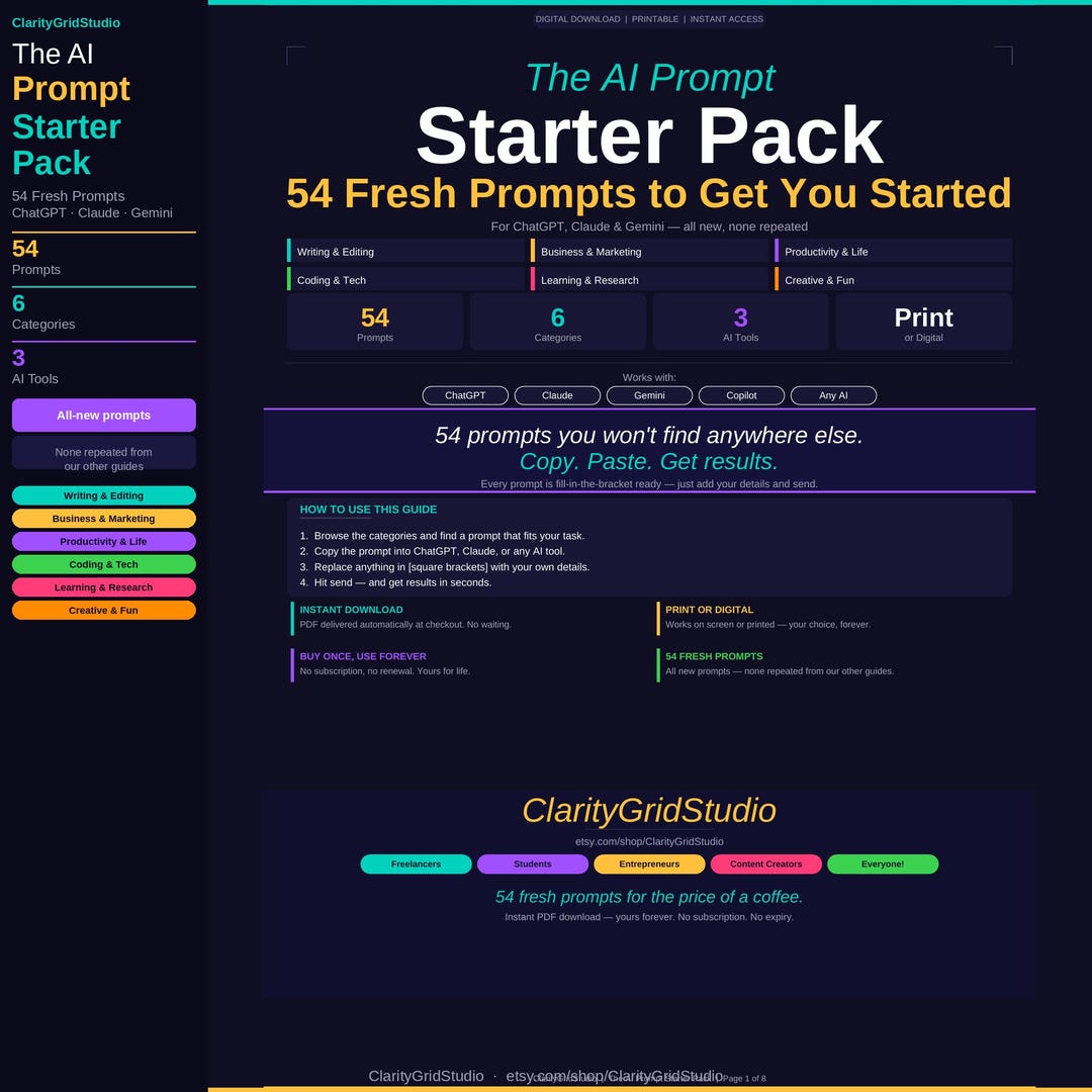 AI Prompt Starter Pack | 54 Chatgpt, Claude, Gemini Prompts (digital ...