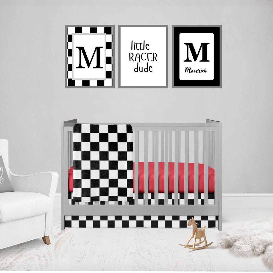 Boy Crib Bedding Set, Checkered Baby Boy Blanket. Racing Nursery Theme ...