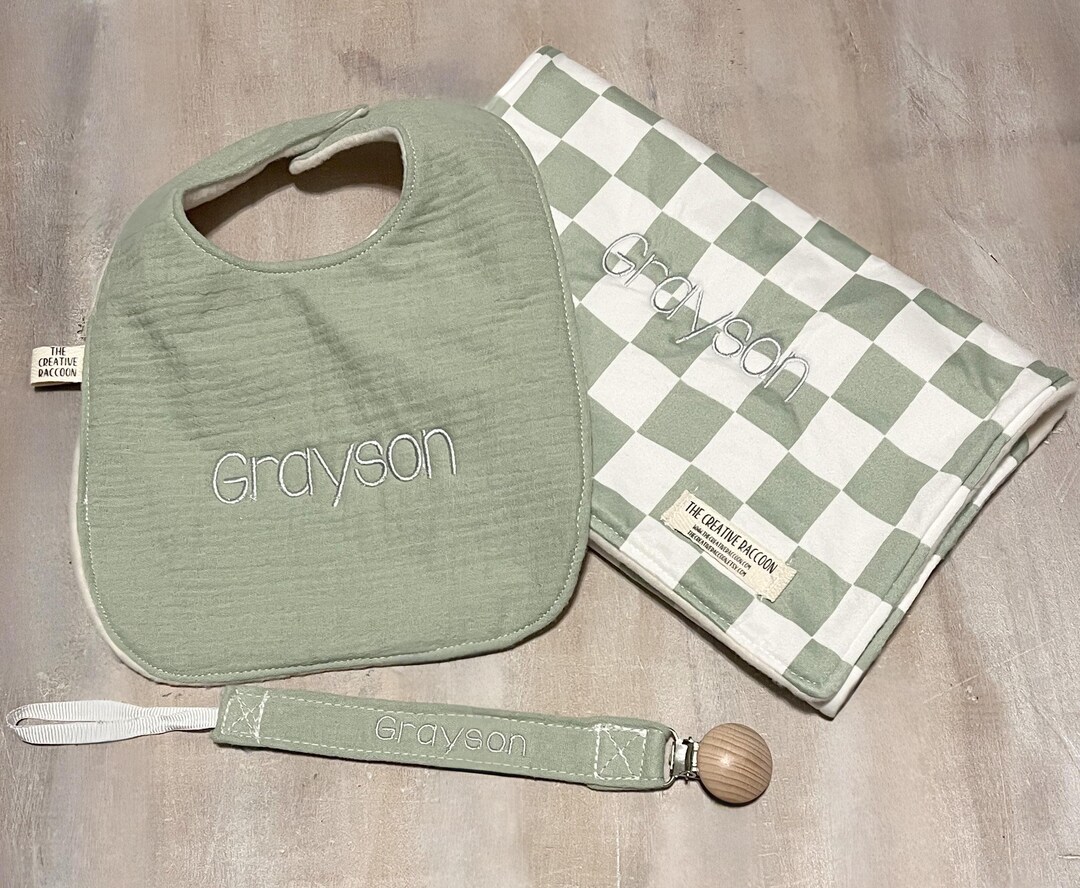 Sage Green Checkered Bib and Burp Cloth Set Personalized Embroidered ...