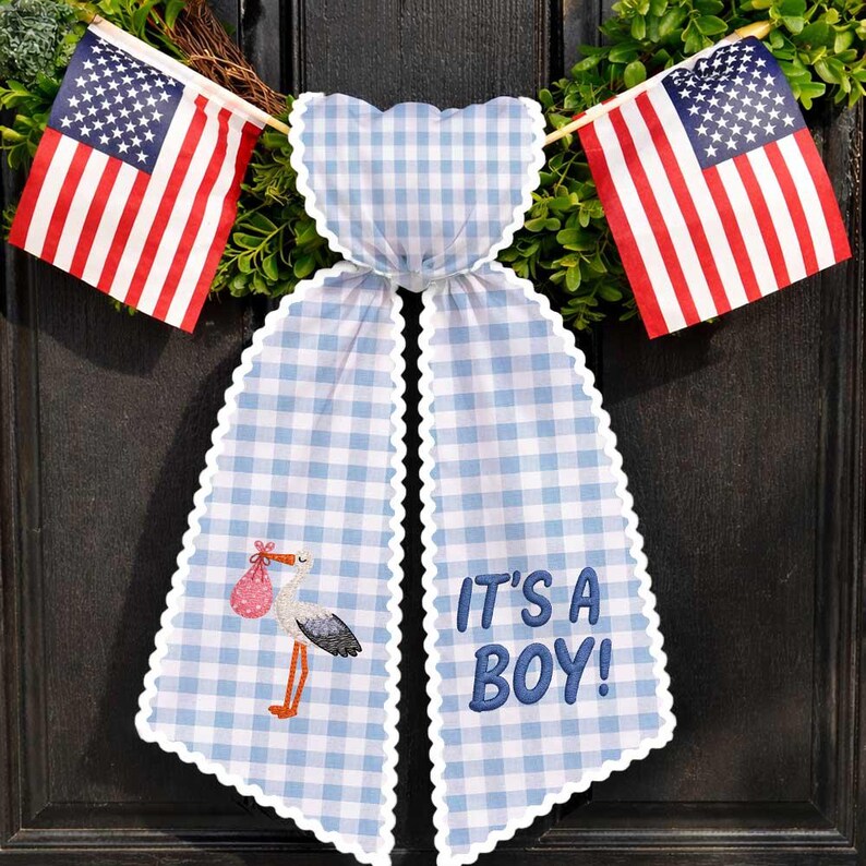 It's A Boy Crib Bow, Blue Gingham Stork Decor, Baby Shower Gift ...