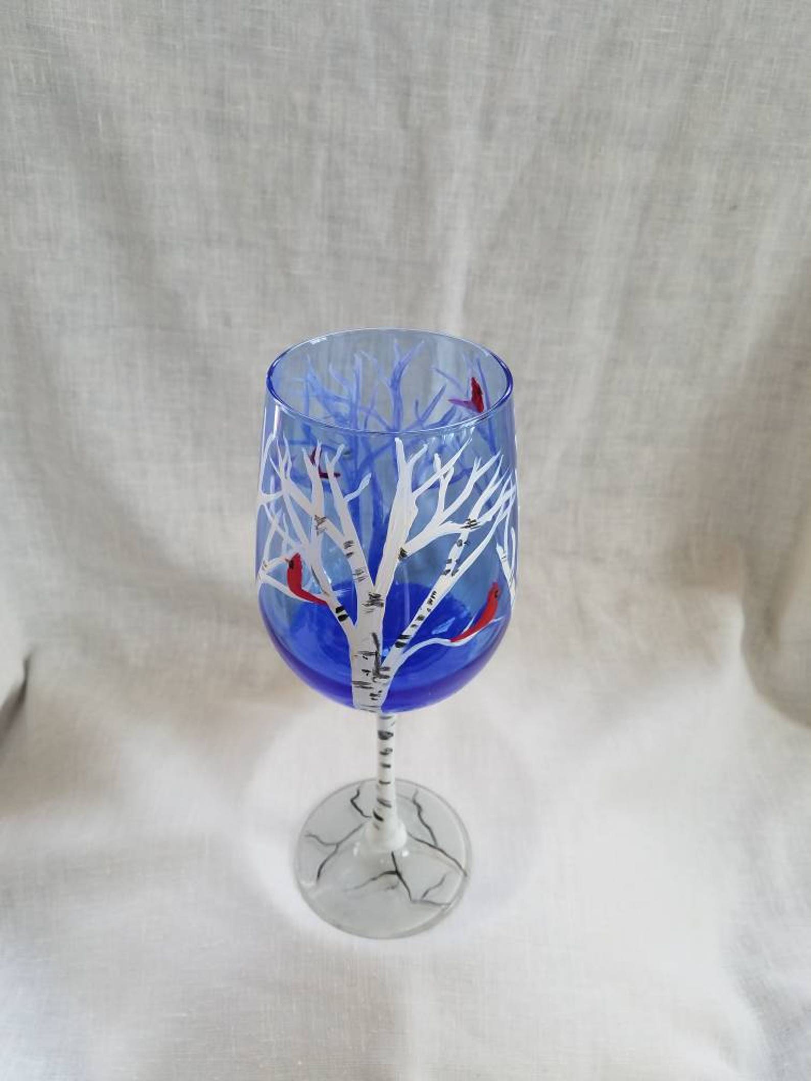 Cardinals in Birch Trees, Hand Painted Wine Glass, Cobalt Blue Glass ...