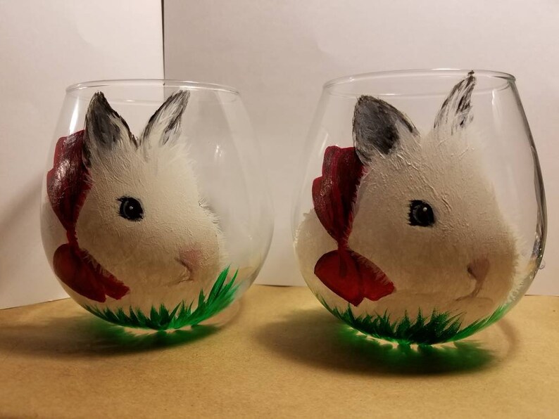 Easter bunny wine glass white bunny easter eggs hand | Etsy