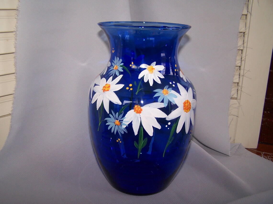 Daisy Vase White Daisies Hand Painted Vase Cobalt Blue Vase | Etsy