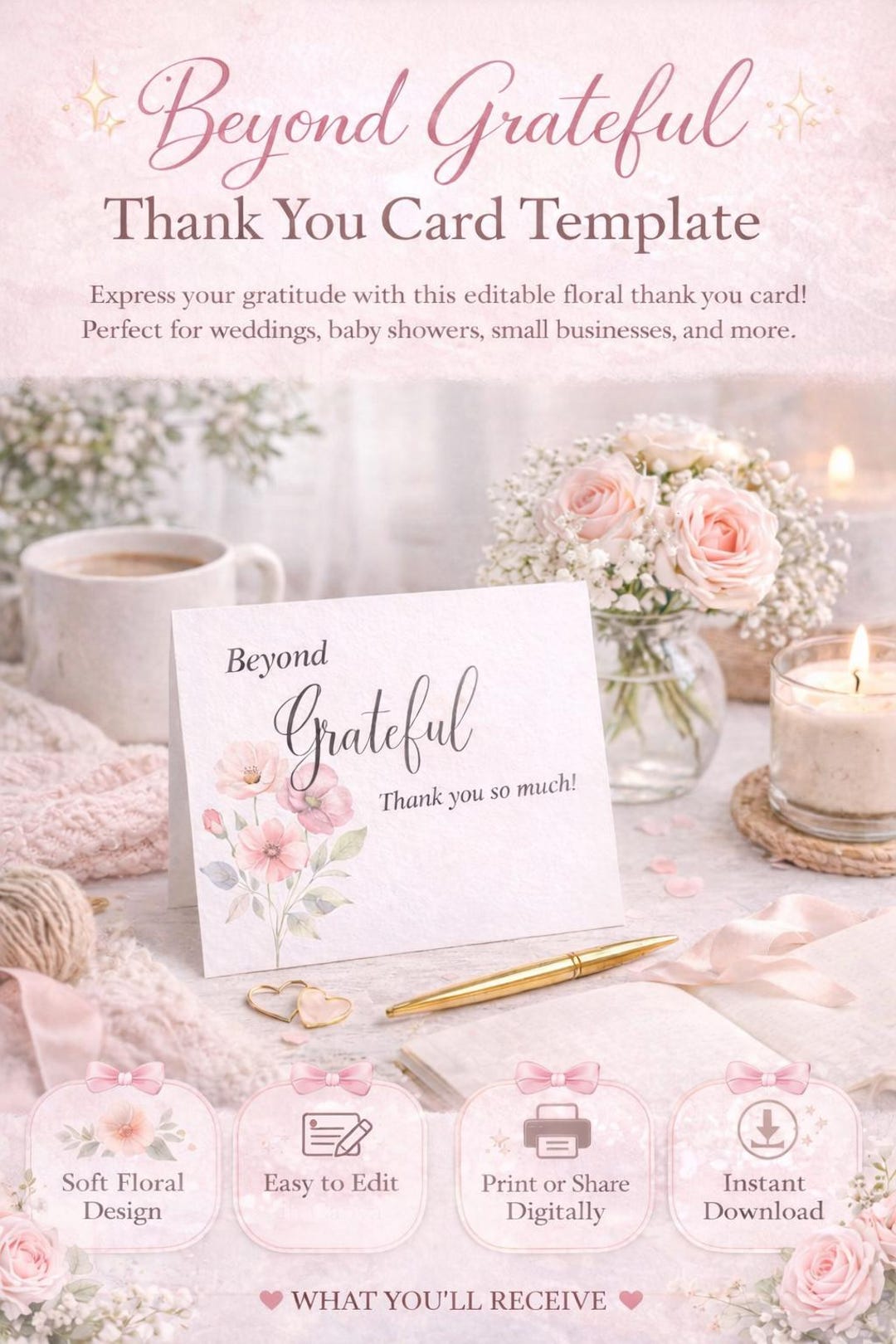Floral Thank You Card Template | Editable Watercolor Design (digital ...