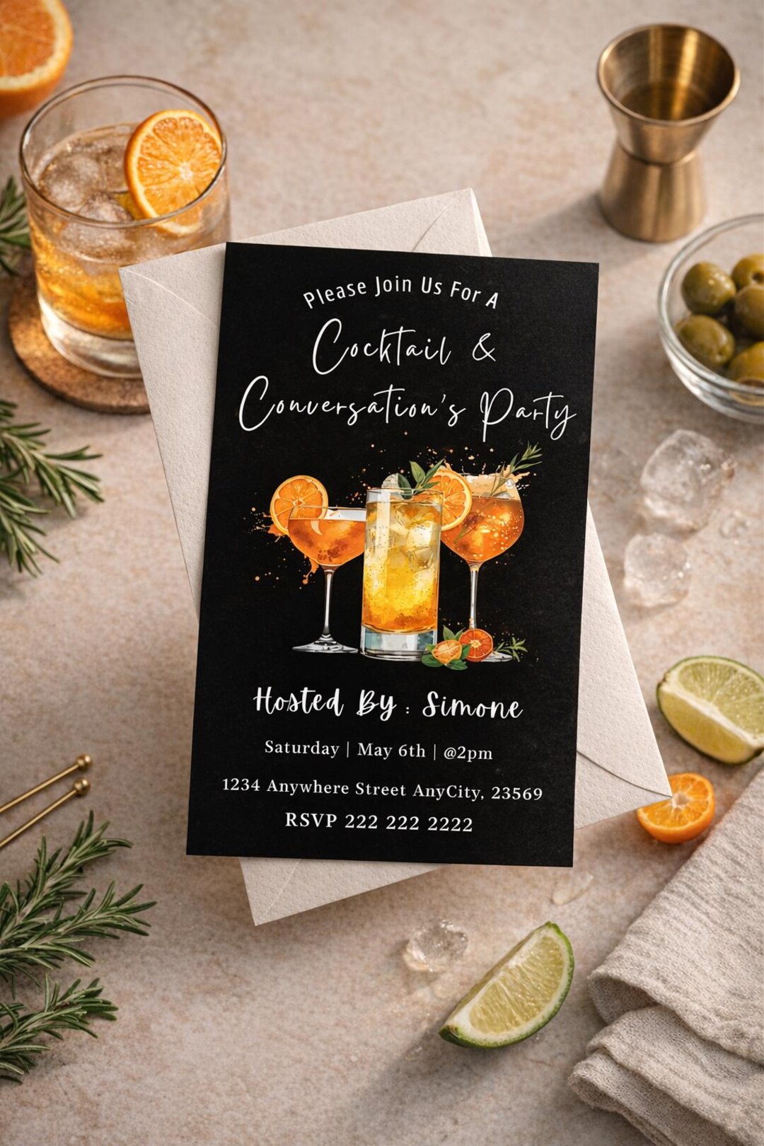 Cocktail Party Invitation Template, Elegant Black & Gold Invite ...