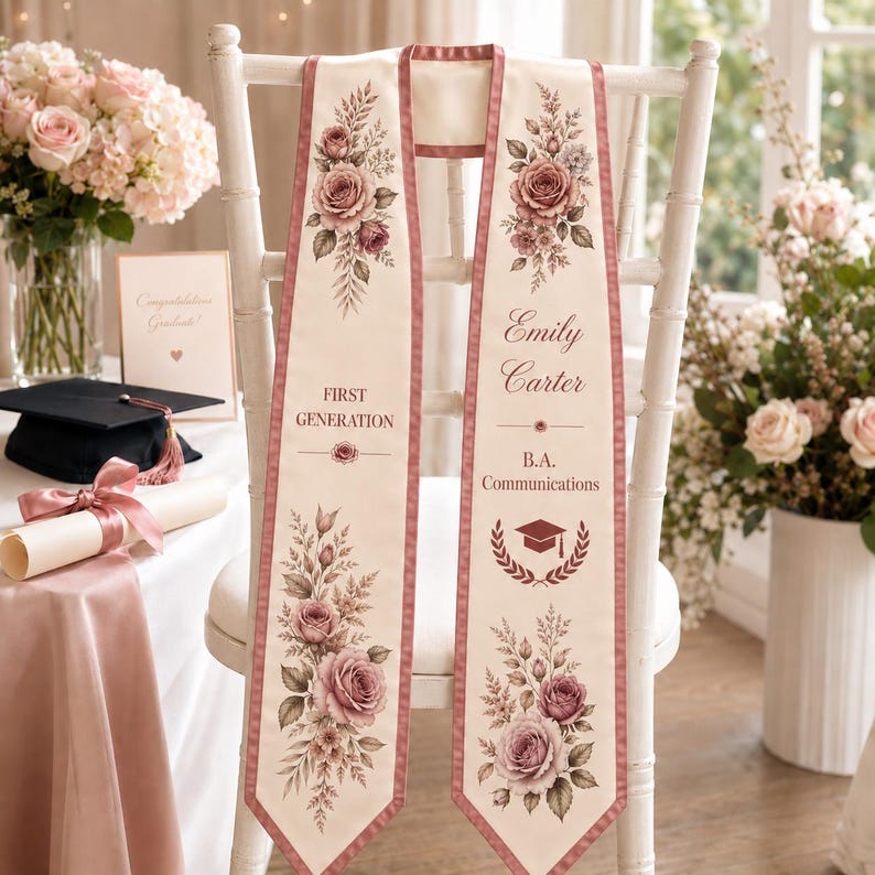 Custom Floral Graduation Stole, First Generation Grad Sash, Class of ...