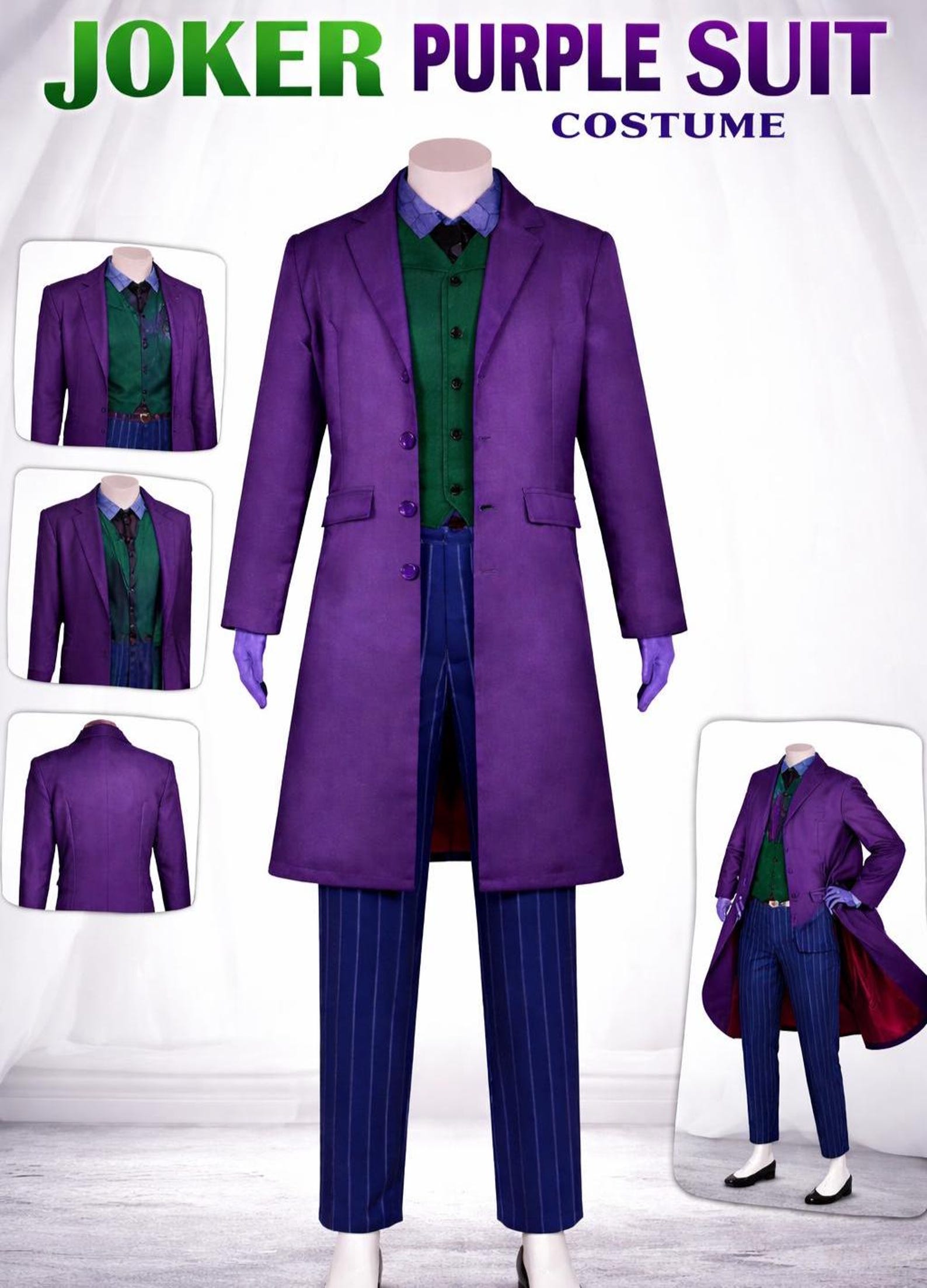 Purple Villain Style Suit Set – Long Coat With Green Vest & Pinstripe ...
