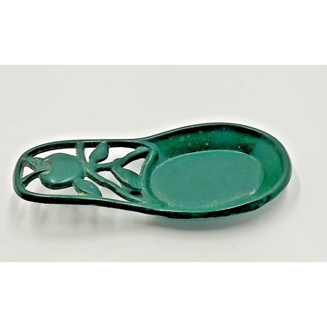 Vintage Cast Iron Spoon Rest Apple Leaf Motif Dark Green - Etsy