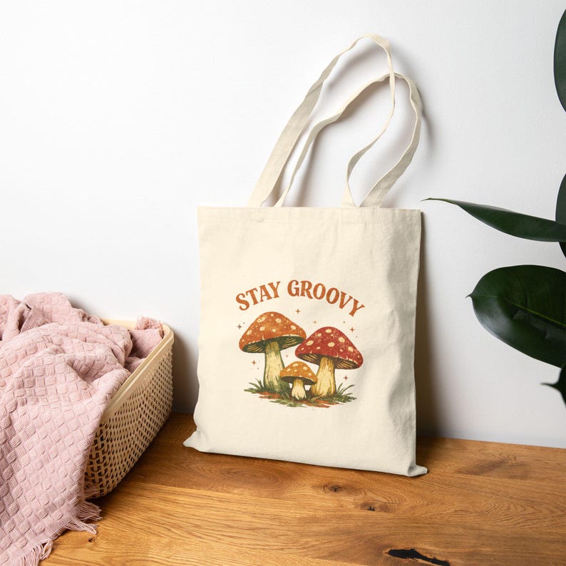Stay Groovy Tote Bag, Mushroom Festival Tote, Aesthetic Canvas Bag ...