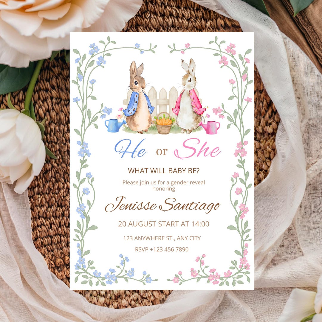 Editable Peter Rabbit Gender Reveal Invitation | Floral Bunny (digital ...