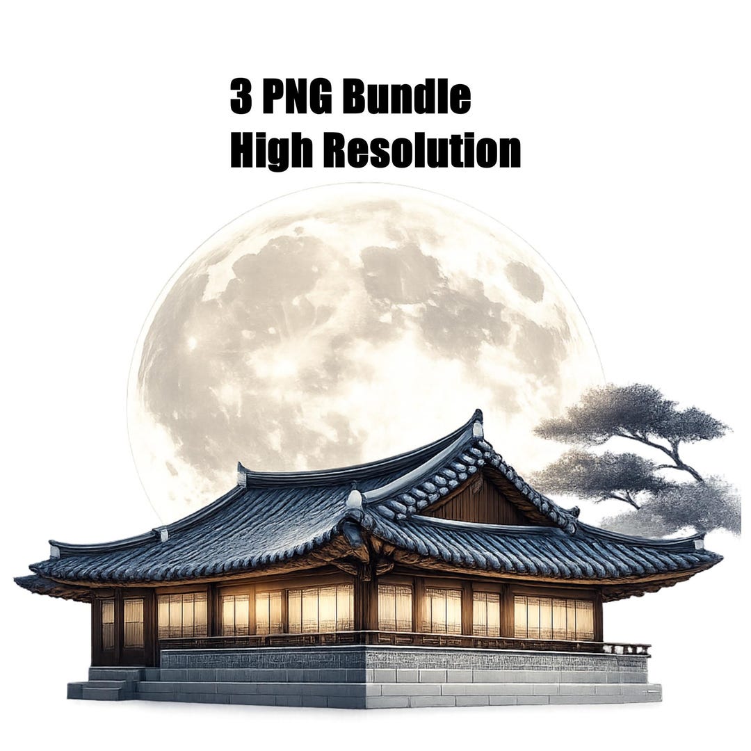 Hanok Clipart Bundle, Moon House PNG, Traditional Korean Architecture ...