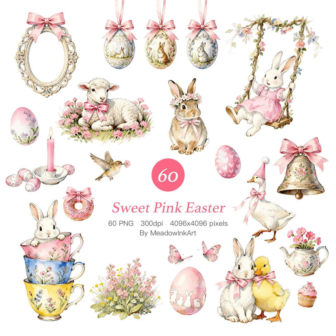 Watercolor Easter Bunny Clipart, Pink Floral PNG Bundle (digital ...