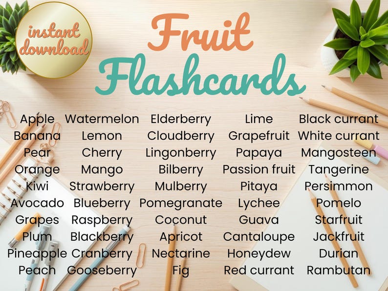 50 Fruit Flashcards for Kids | Printable Montessori Cards | Real Photo ...