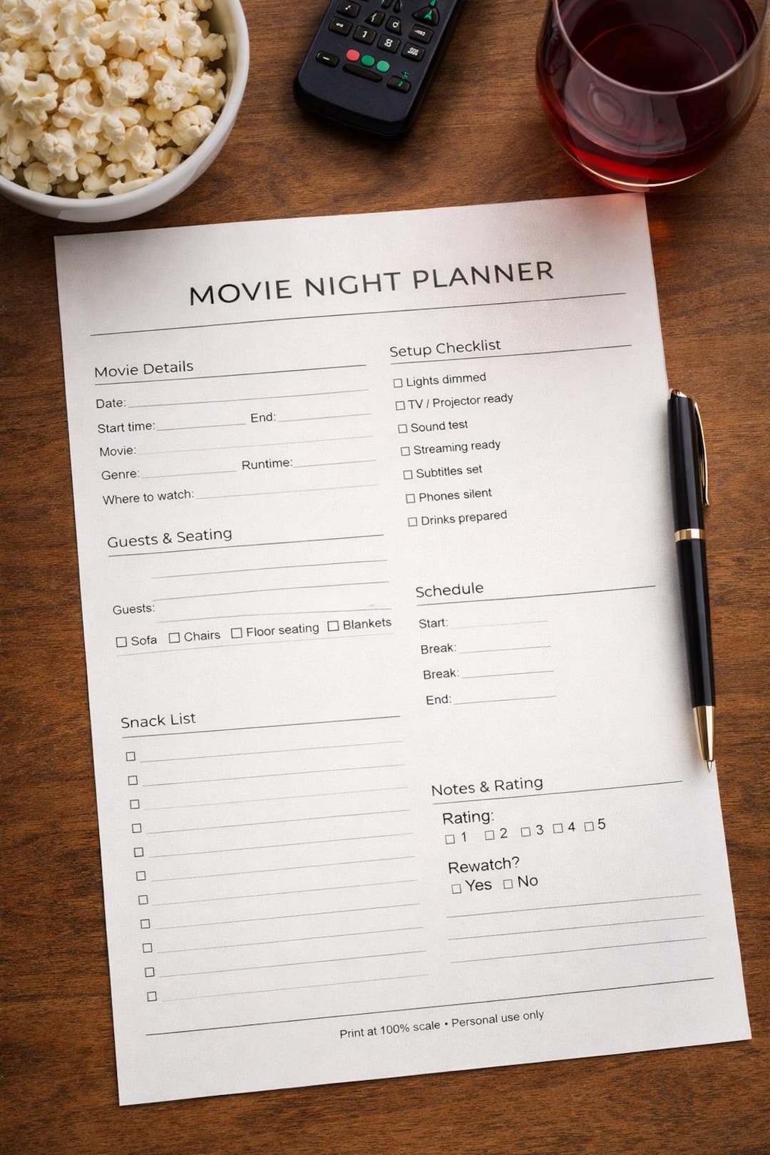 Movie Night Planner Printable, Date Night Planner, Film Night Checklist ...