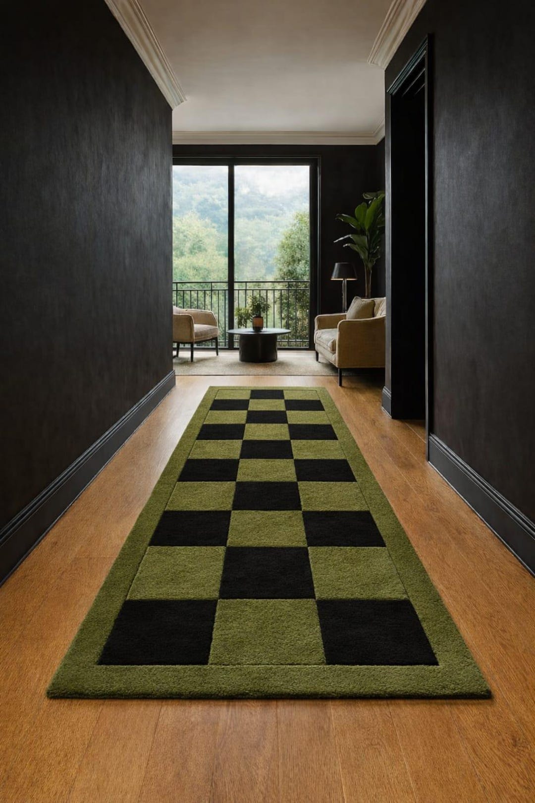 Modern Green & Black Checkered Runner Rug | Geometric Hallway Carpet ...