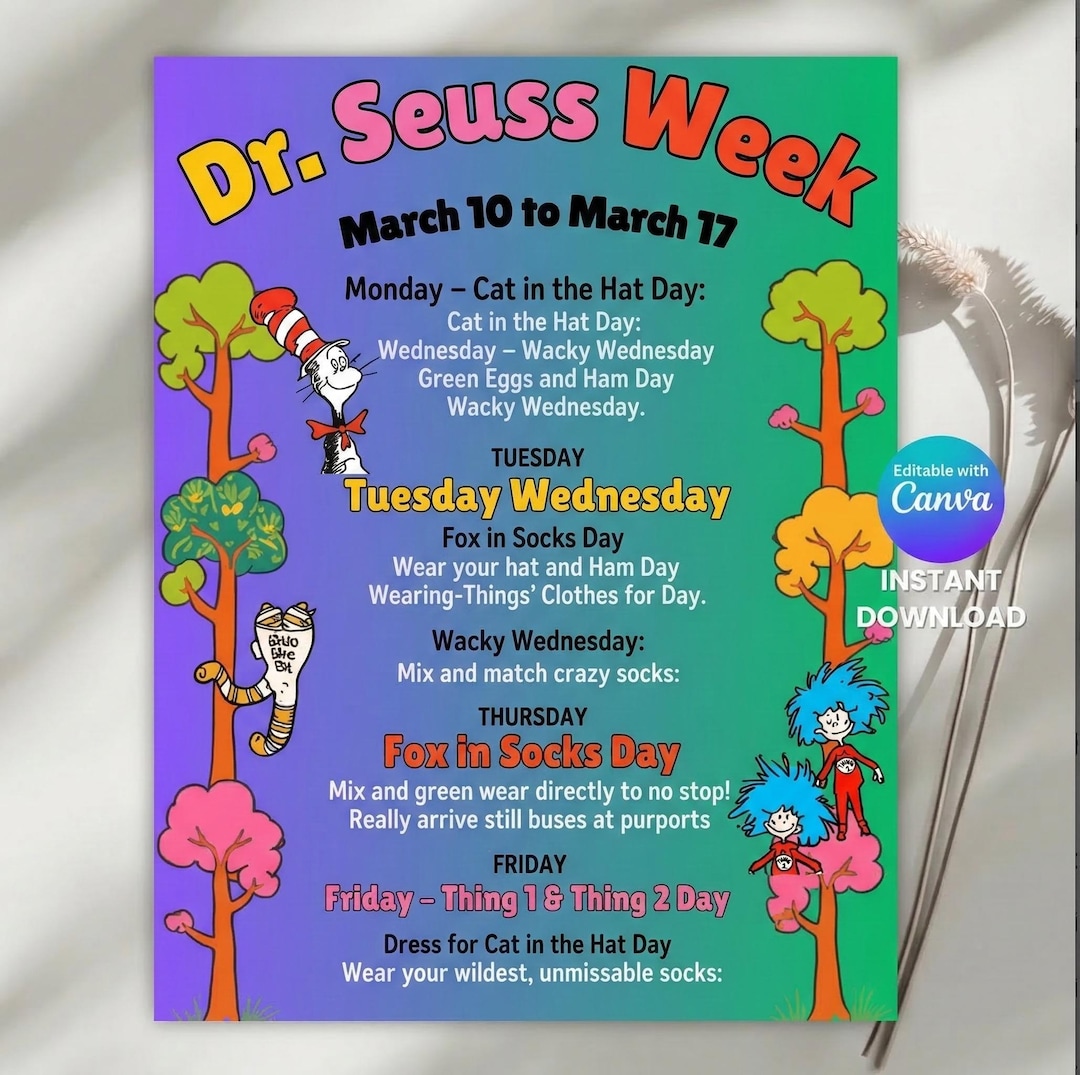 Editable Dr. Seuss Spirit Week Flyer, Read Across America School ...