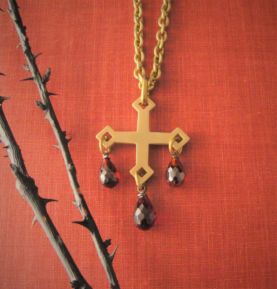 Gothic Cross, Gothic Cross Necklace, Red Stone, Red Drops, Necklace ...