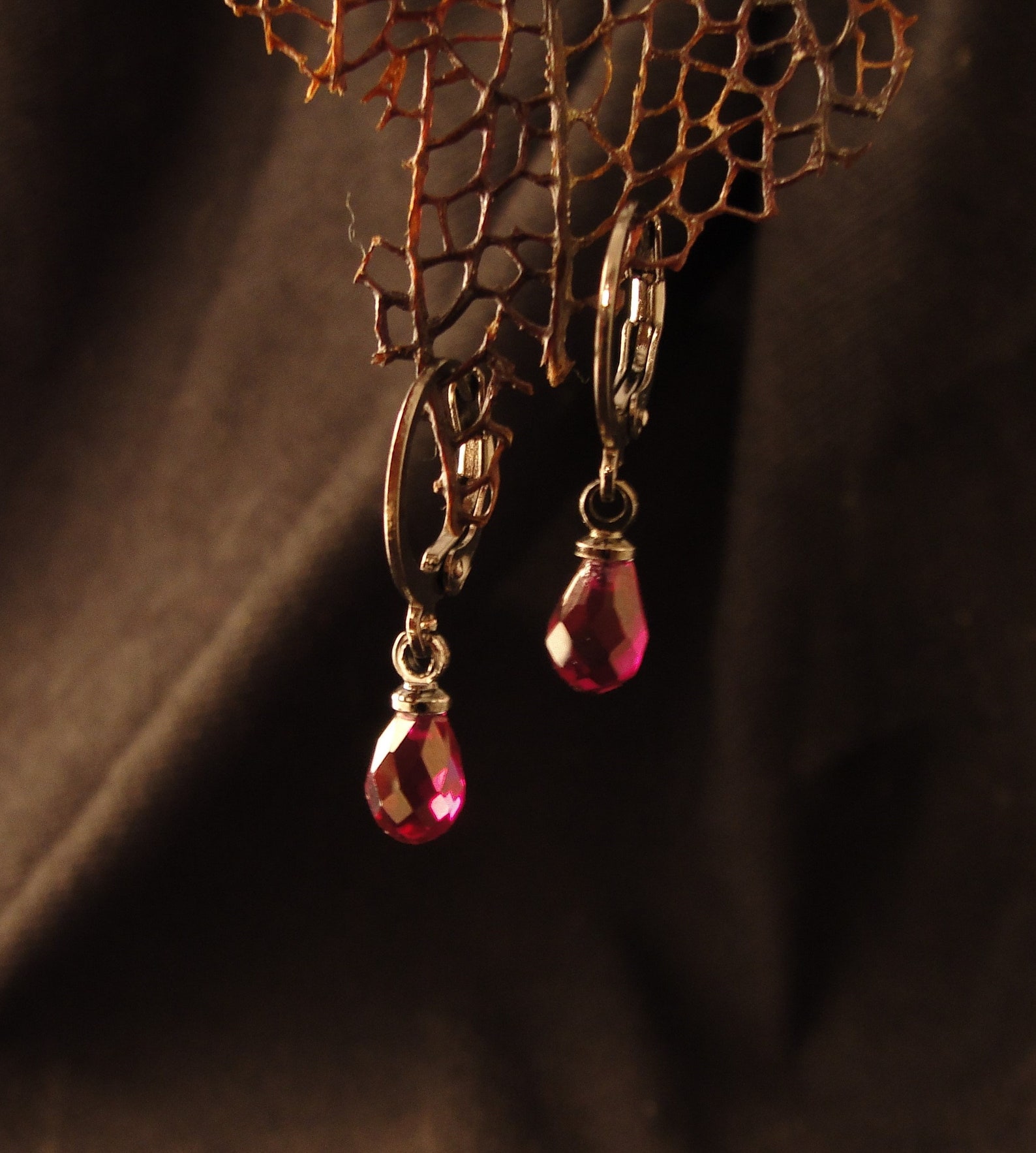 Drop Earrings, Red Stone, Red Crystal, Gothic Earrings, Red Stone Drop ...