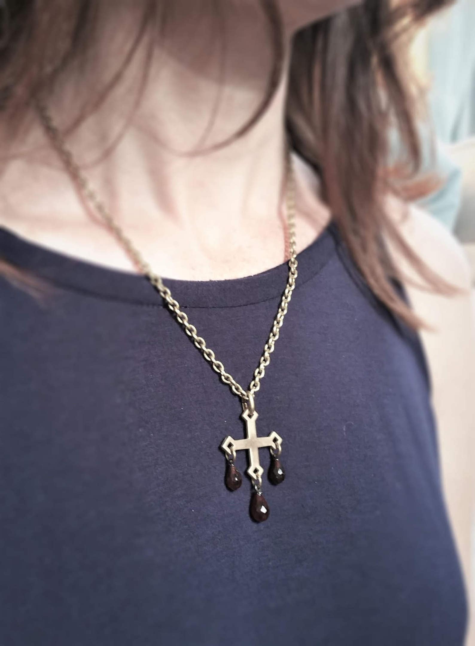 Gothic Cross, Gothic Cross Necklace, Red Stone, Red Drops, Necklace ...