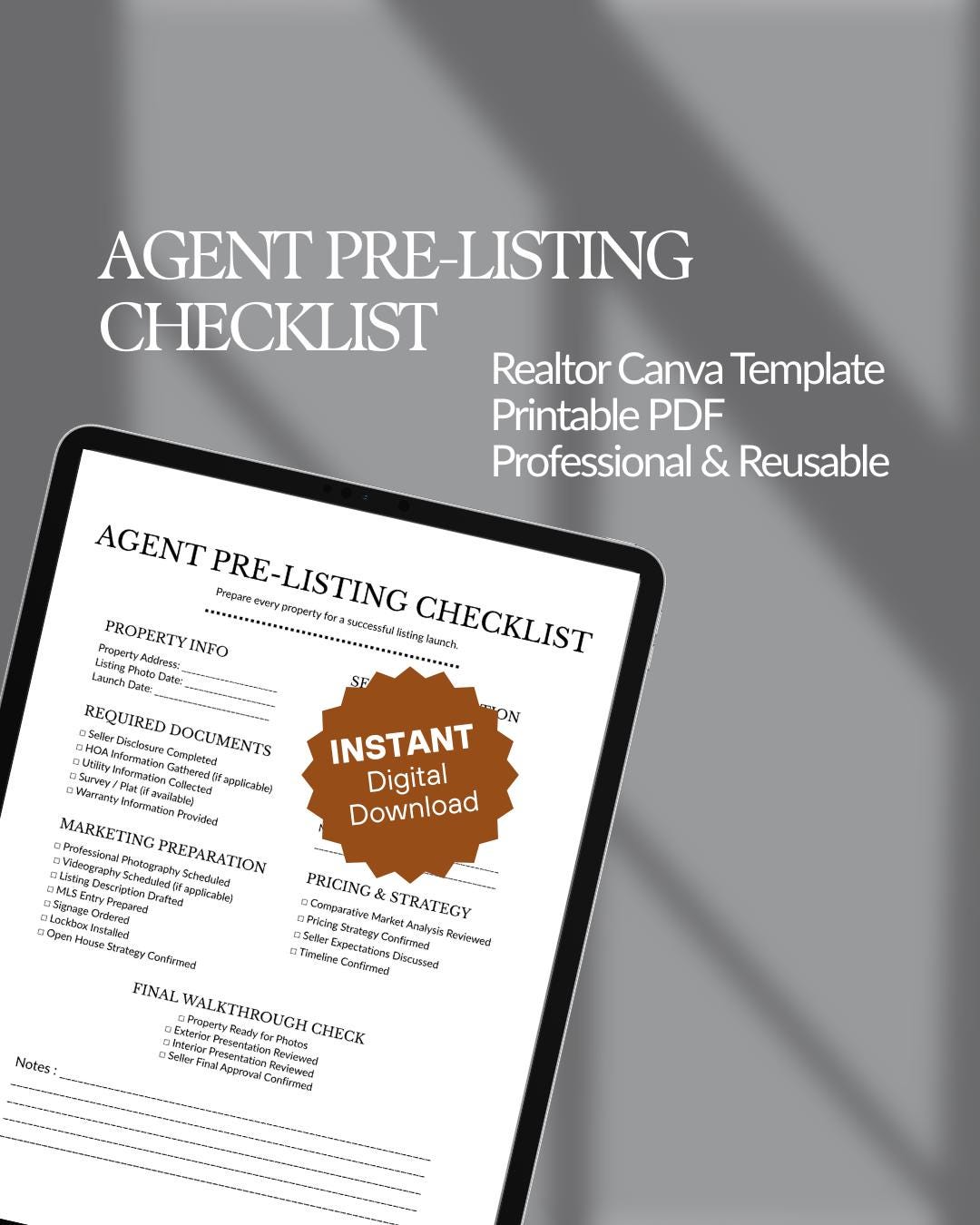 Agent Pre-listing Checklist Canva Template | Real Estate Seller ...