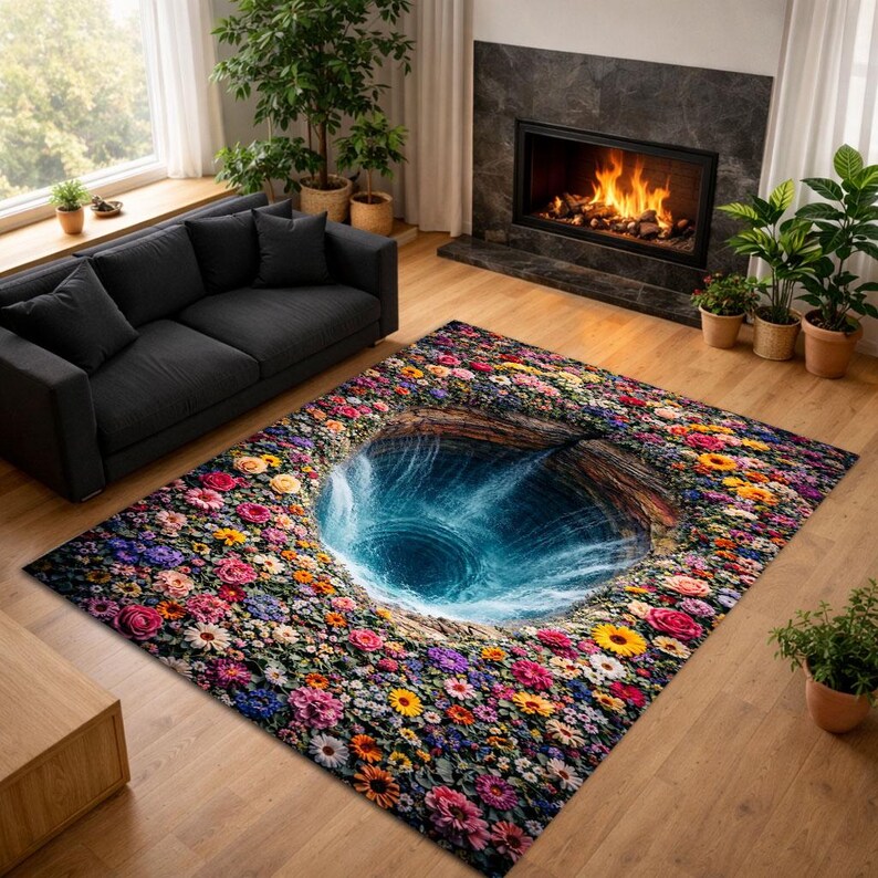 3D Waterfall Abyss Rug, Colorful Flower Garden Opening Into Deep Water ...