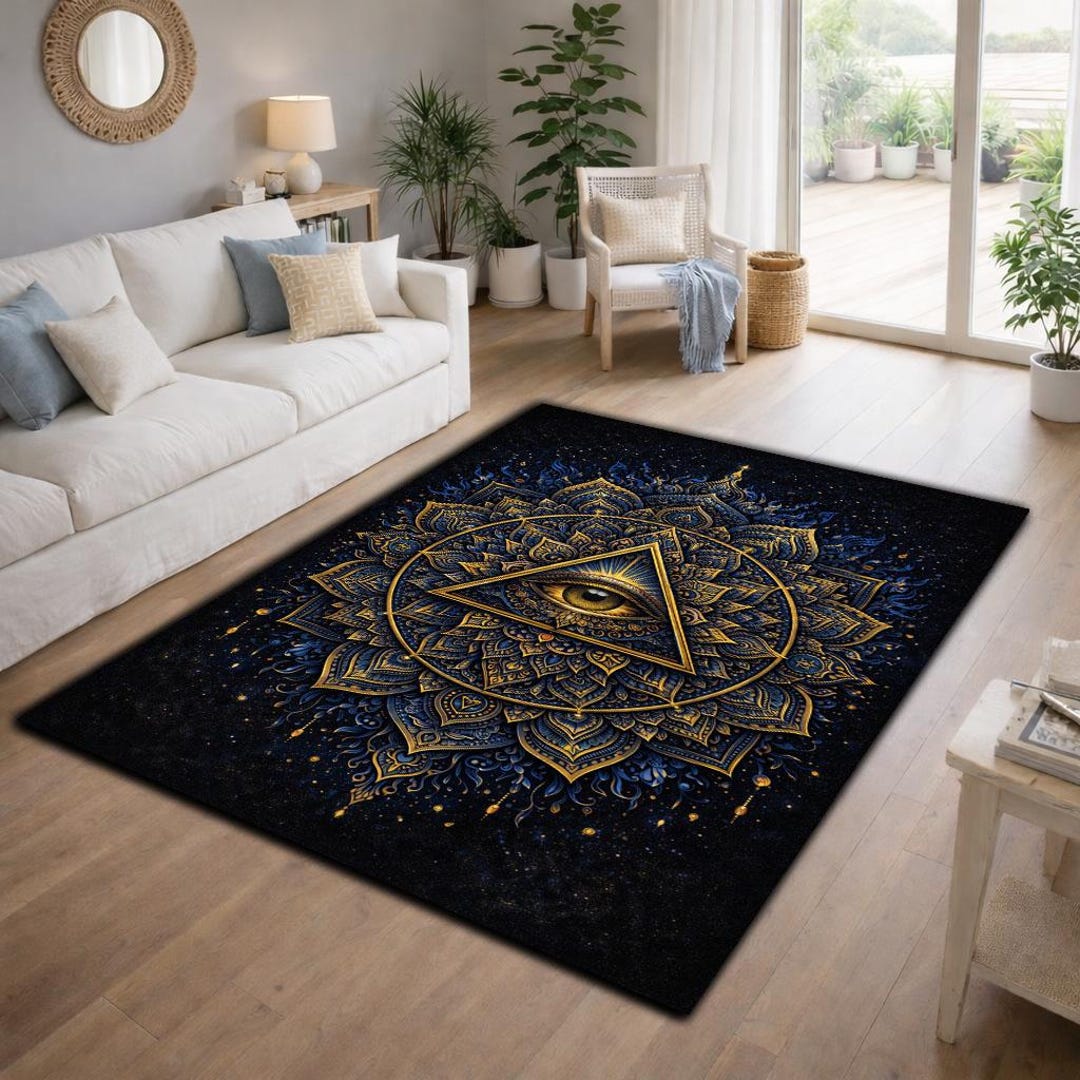 All Seeing Eye Rug, Blue Gold Mandala, Sacred Geometry Carpet - Etsy