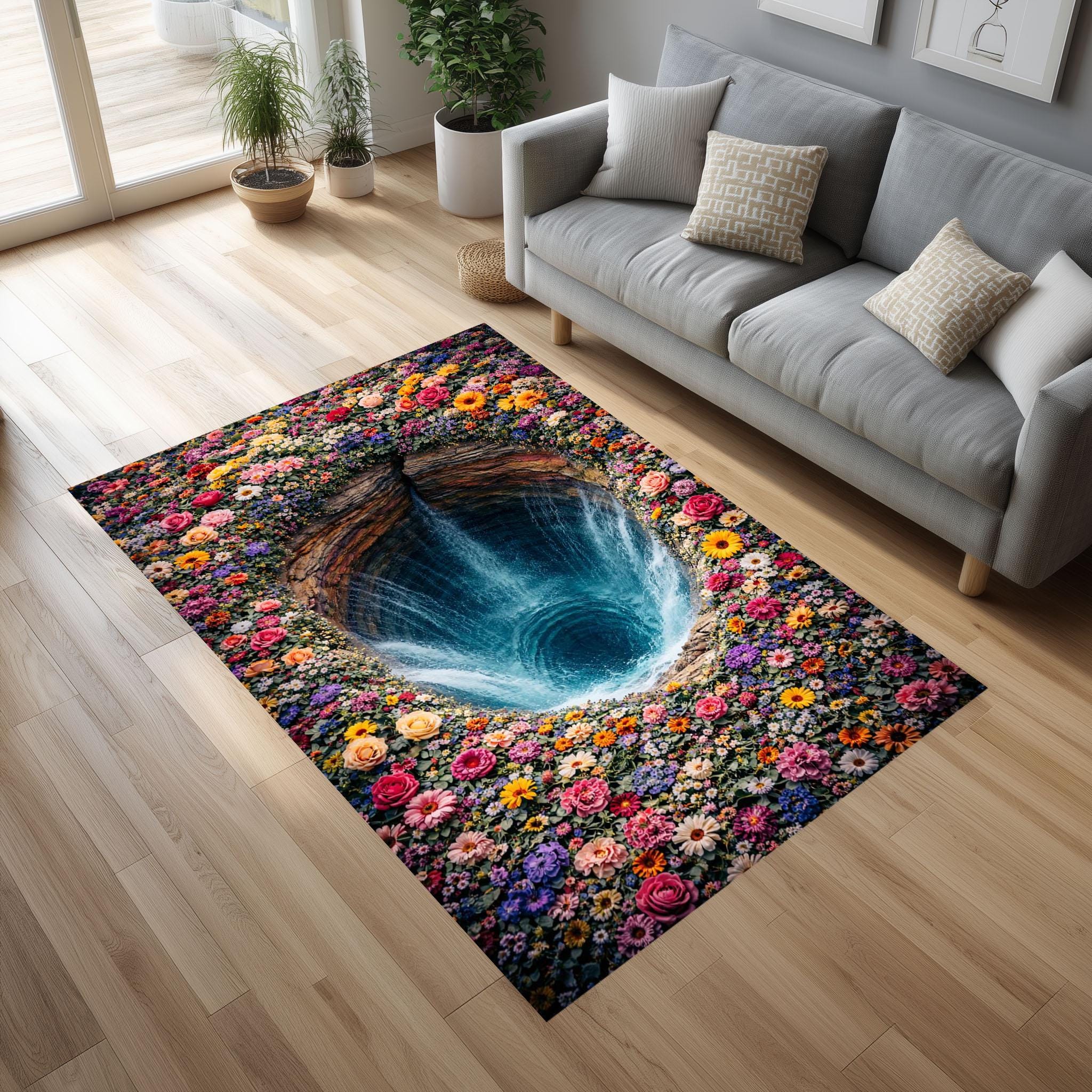 3D Waterfall Abyss Rug, Colorful Flower Garden Opening Into Deep Water ...