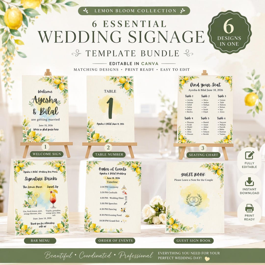 6 in 1 Lemon Wedding Signage Bundle, Summer Theme, Editable Canva ...