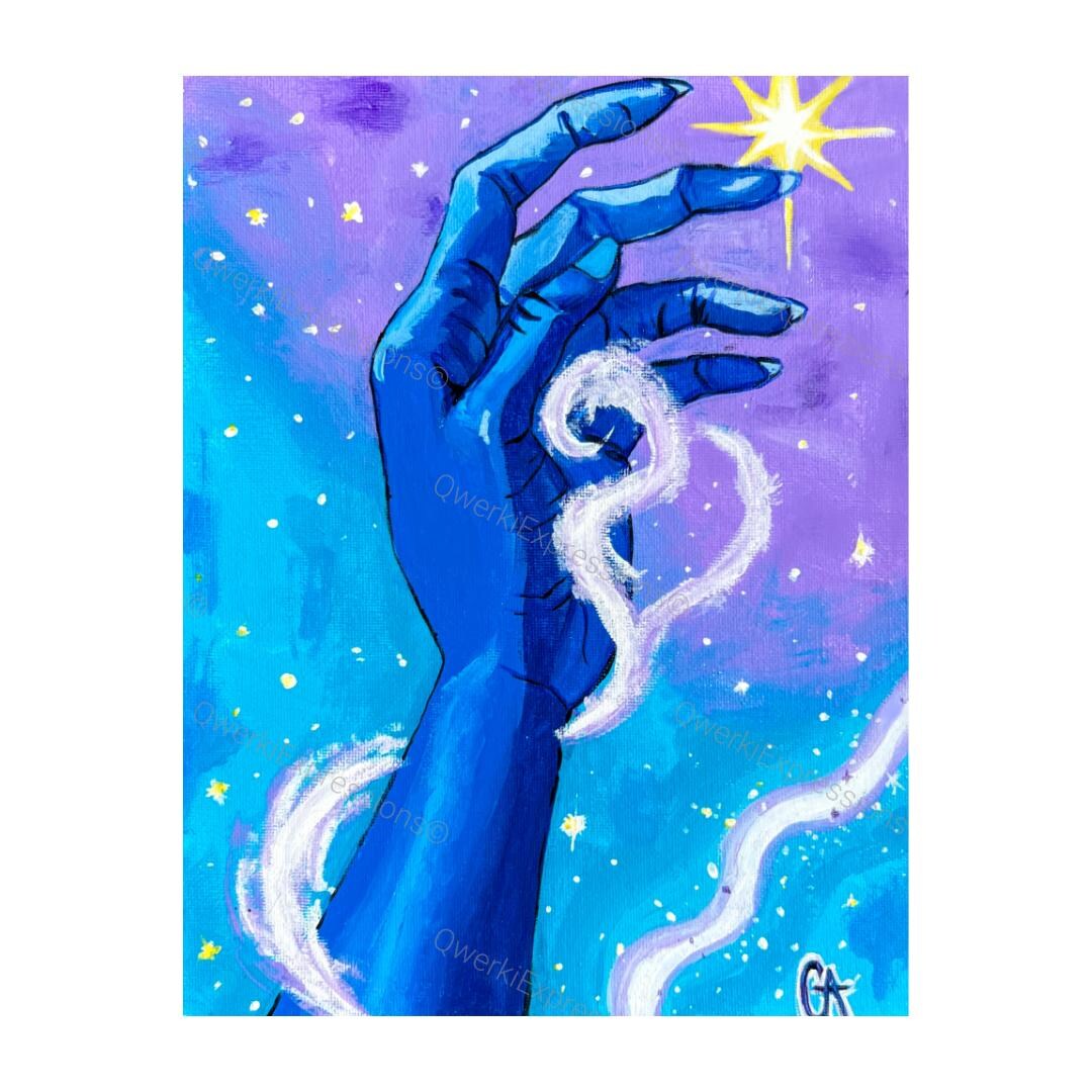 Blue Celestial Art Print – Cosmic Hand Painting, Spiritual Star Wall ...