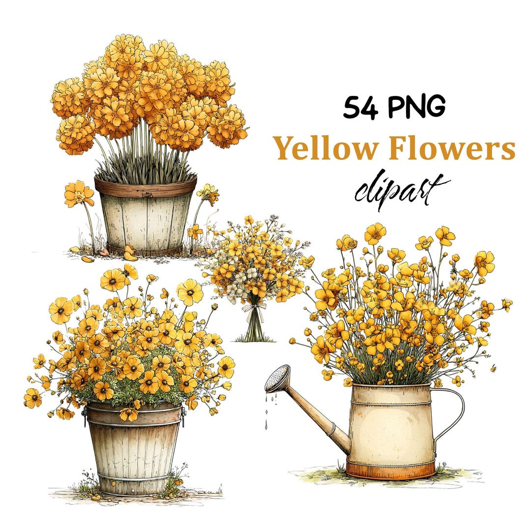 Yellow Flowers Spring Garden Clipart: Whimsical Floral Graphics ...
