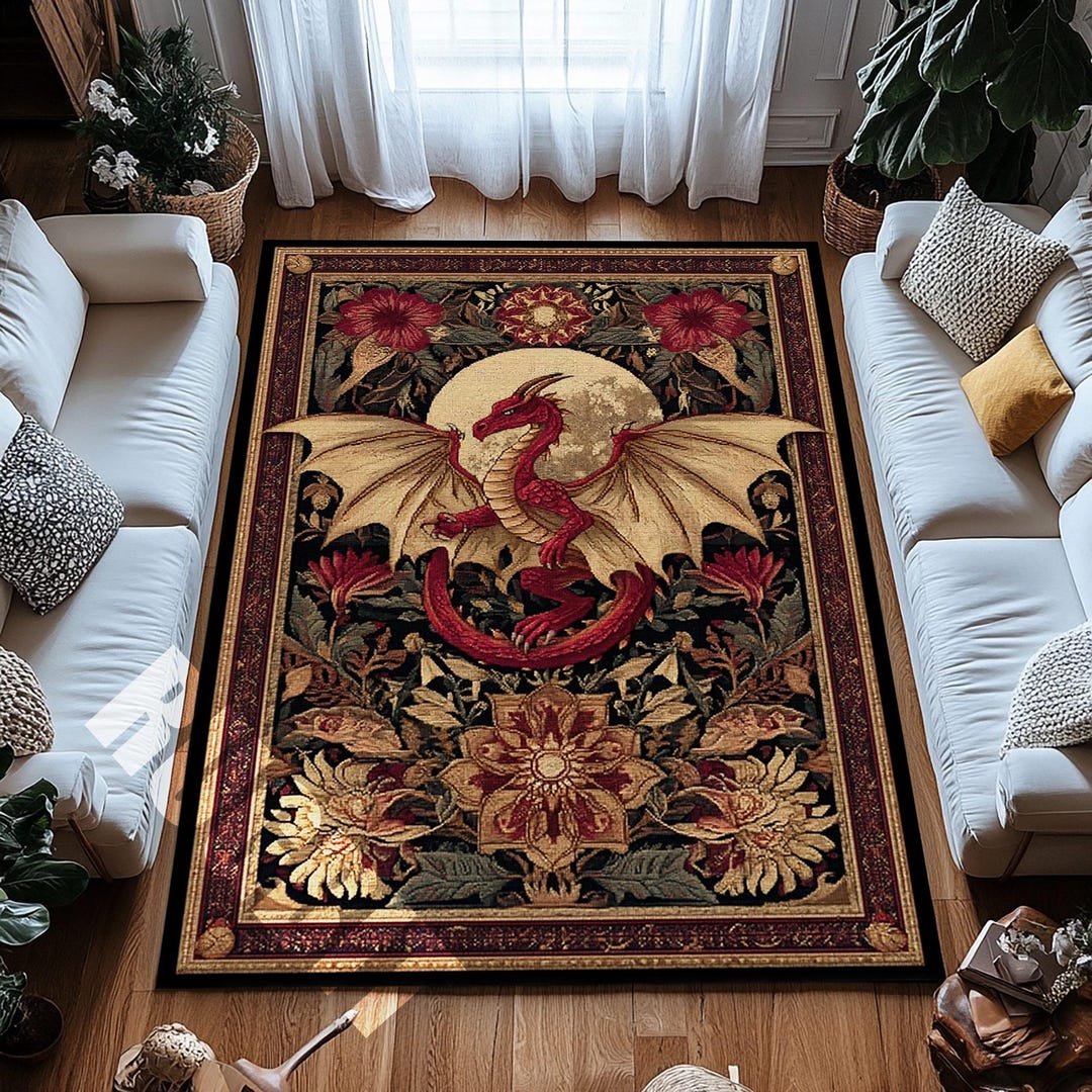 Fantasy Dragon Rug – Red Gold Gothic Carpet With Floral Moon Motif and ...