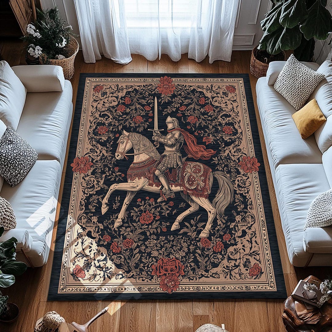 Medieval Knight Area Rug – Vintage Floral Carpet With Horse and Armor ...