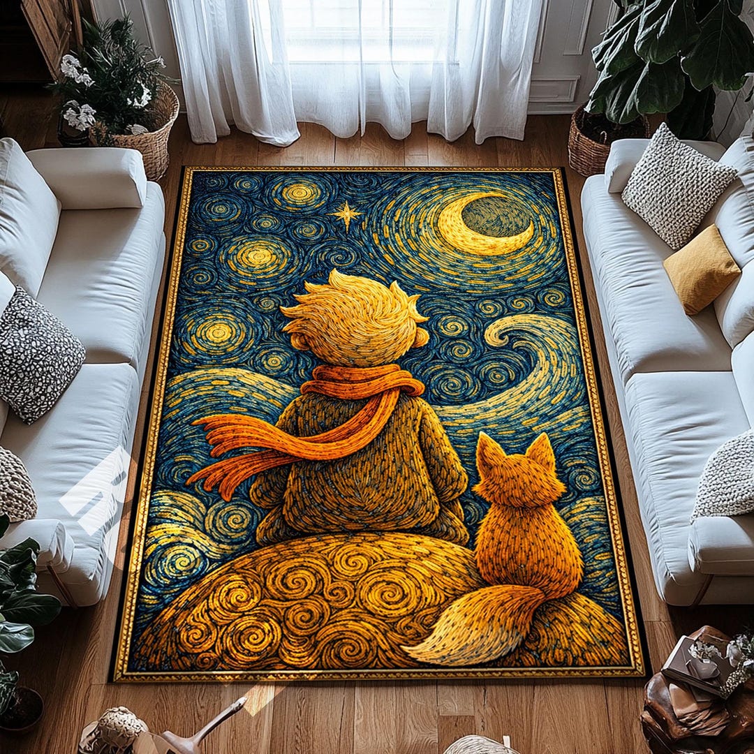 Starry Night Child Area Rug Whimsical Cosmic Art Storybook Floor Decor ...