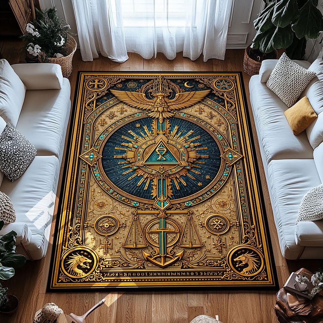 Occult Symbol Area Rug Gold Blue Digital Print Mystical Decor - Etsy