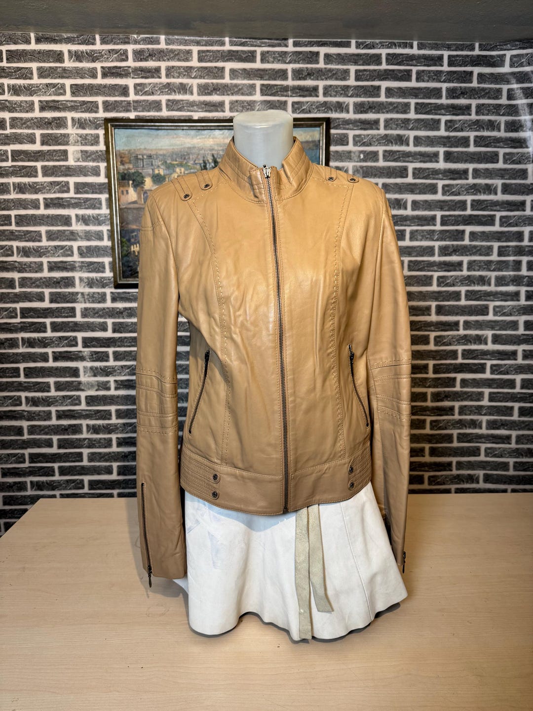 Vintage 80 90s Beige Color Hunter Style Zipper Leather Jacket for Woman ...