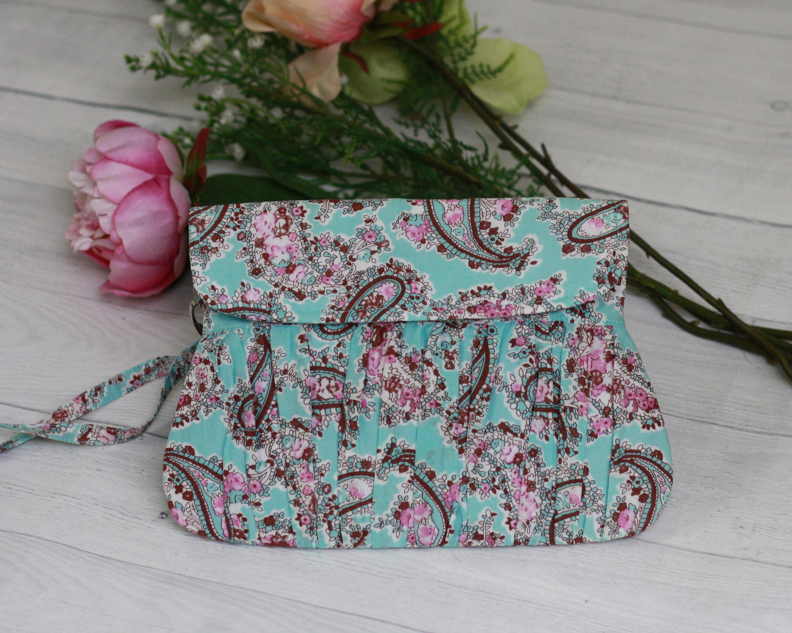 Summer Fashion Wristlet Purse Turquoise Blue, Paisley Cotton With ...