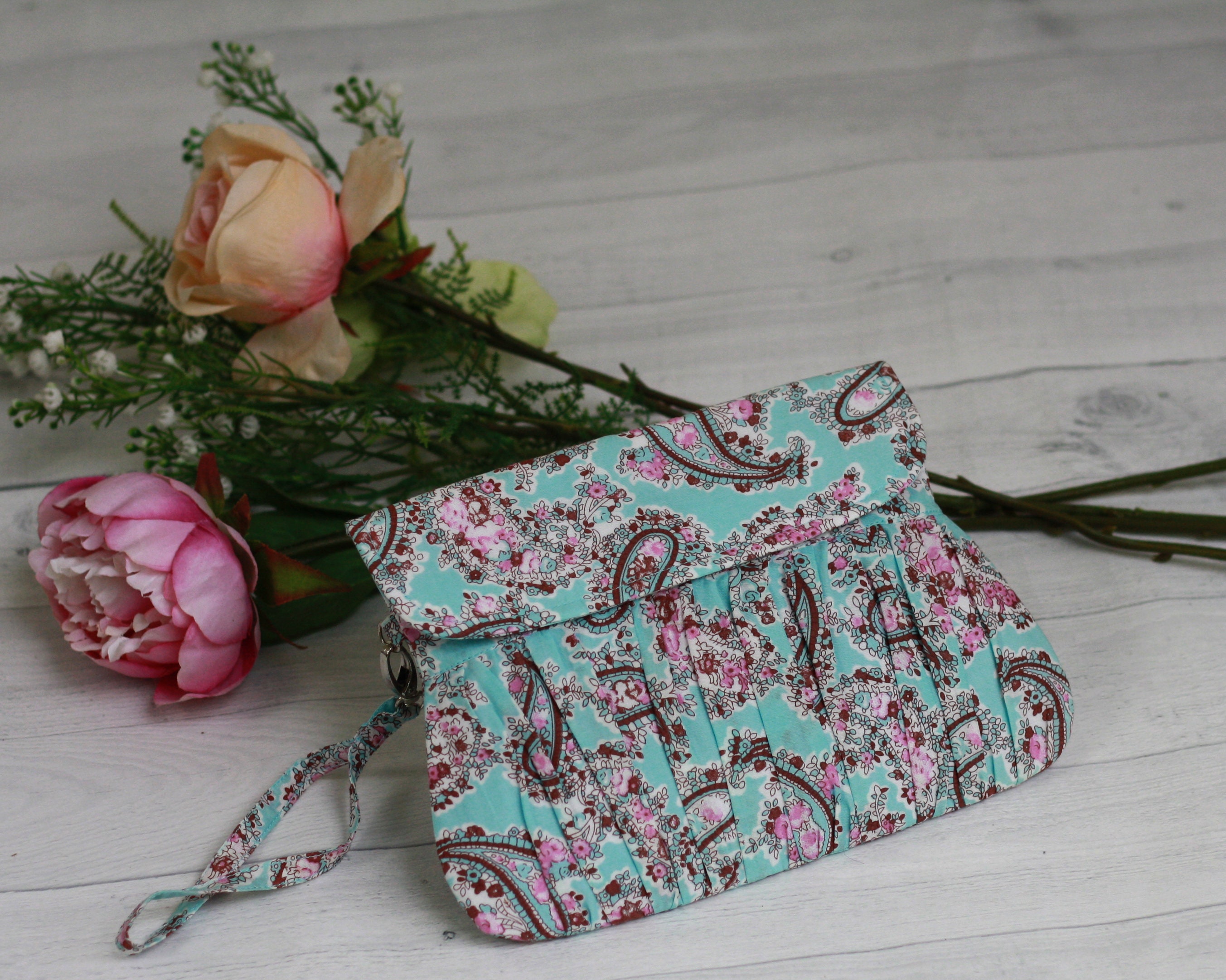 Summer Fashion Wristlet Purse Turquoise Blue, Paisley Cotton With ...