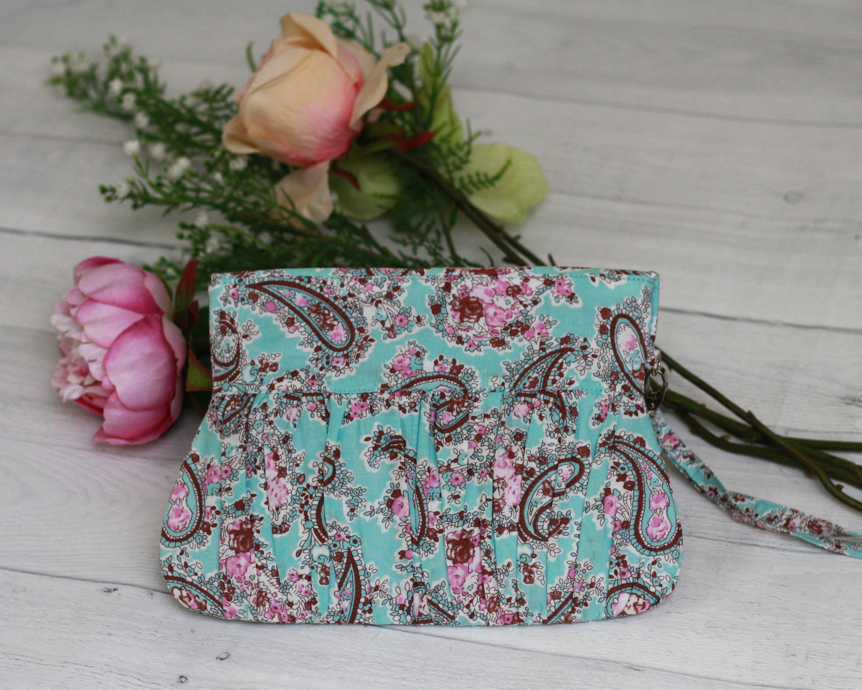 Summer Fashion Wristlet Purse Turquoise Blue, Paisley Cotton With ...