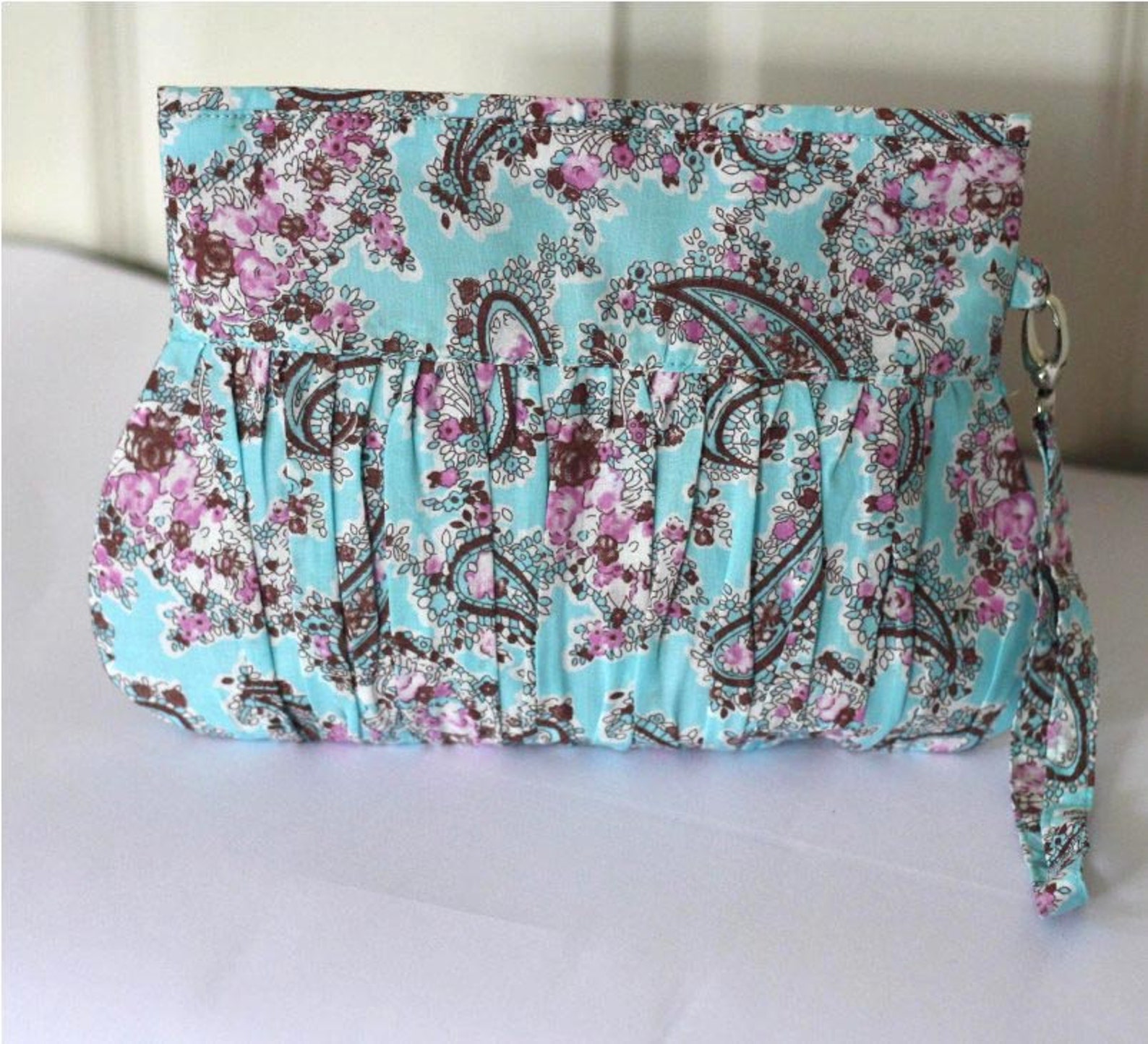 Summer Fashion Wristlet Purse Turquoise Blue, Paisley Cotton With ...