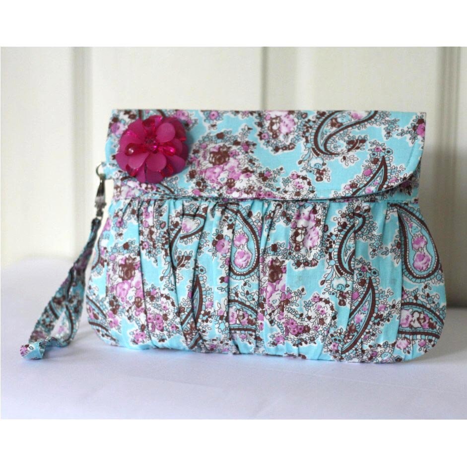 Summer Fashion Wristlet Purse Turquoise Blue, Paisley Cotton With ...